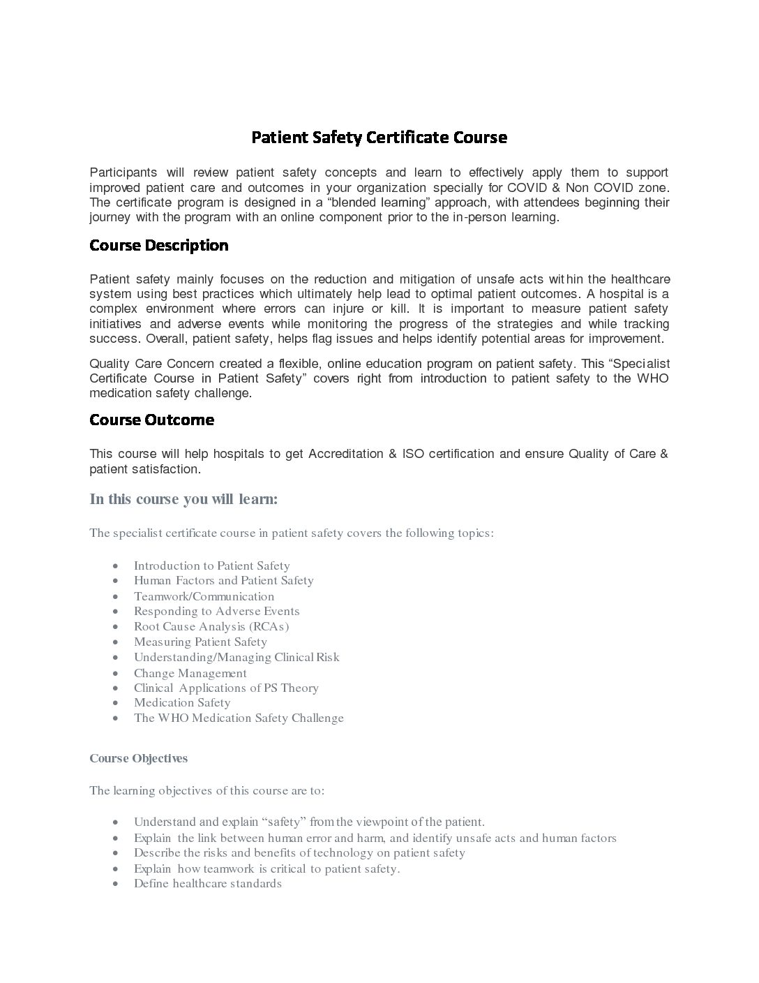 Certificate Course on Patient Safety – Quality Care Concern